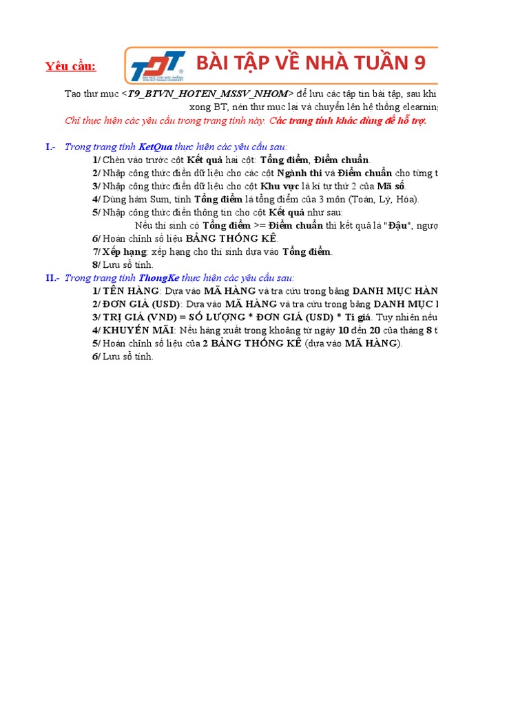 Bai tap Ve nha Tuan 9.xlsx | PDF