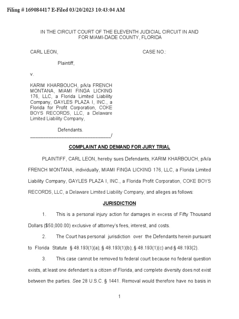 Carl Leon v. French Montana Et Al | PDF | Negligence | Duty Of Care