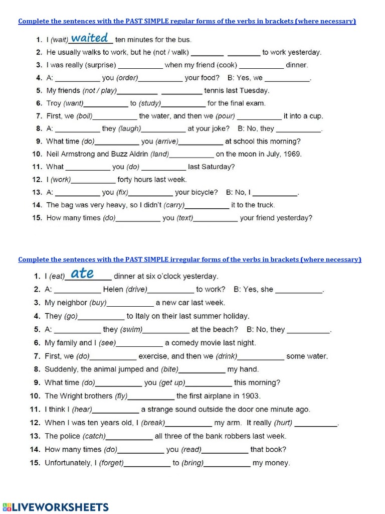 Complete The Sentences With The PAST SIMPLE Regular Forms of The Verbs ...