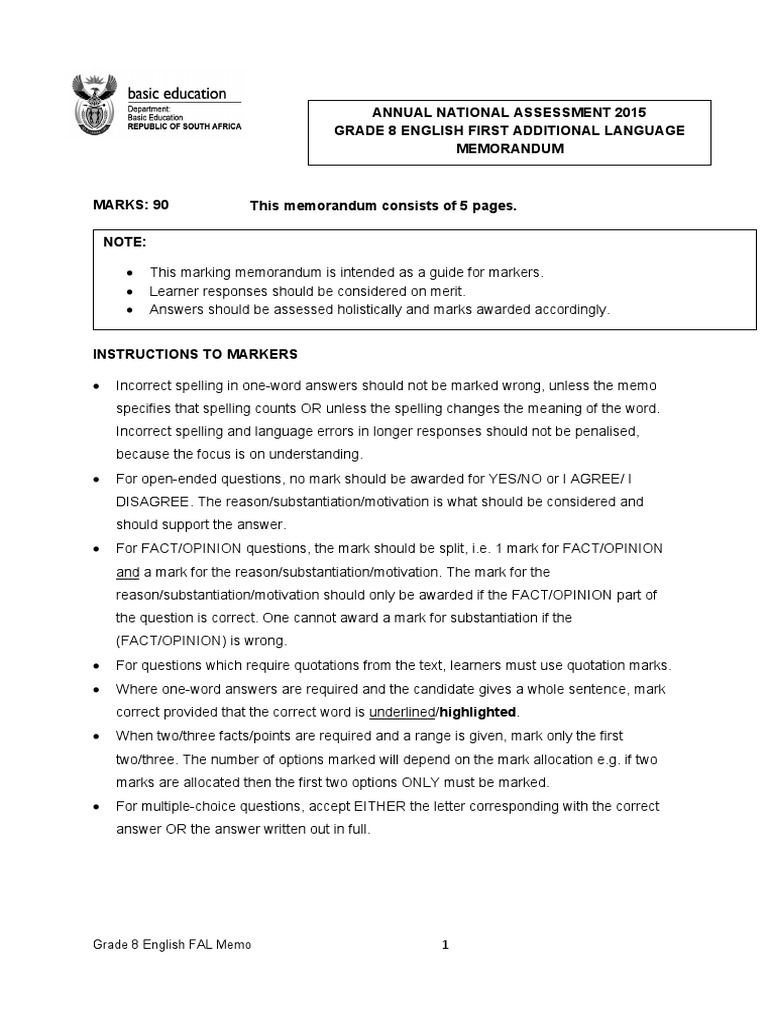 2015 Grade 8 English FAL Memo PDF | PDF | Cigarette | Smoking