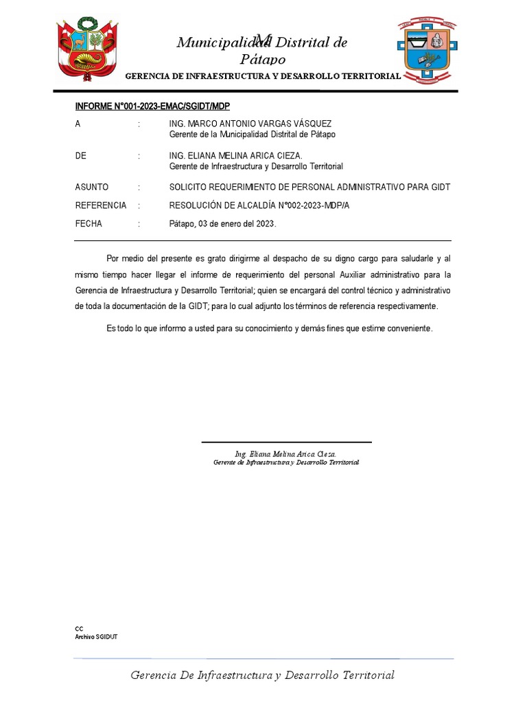 Informe Gidt 001-Req Personal Administrativo | PDF