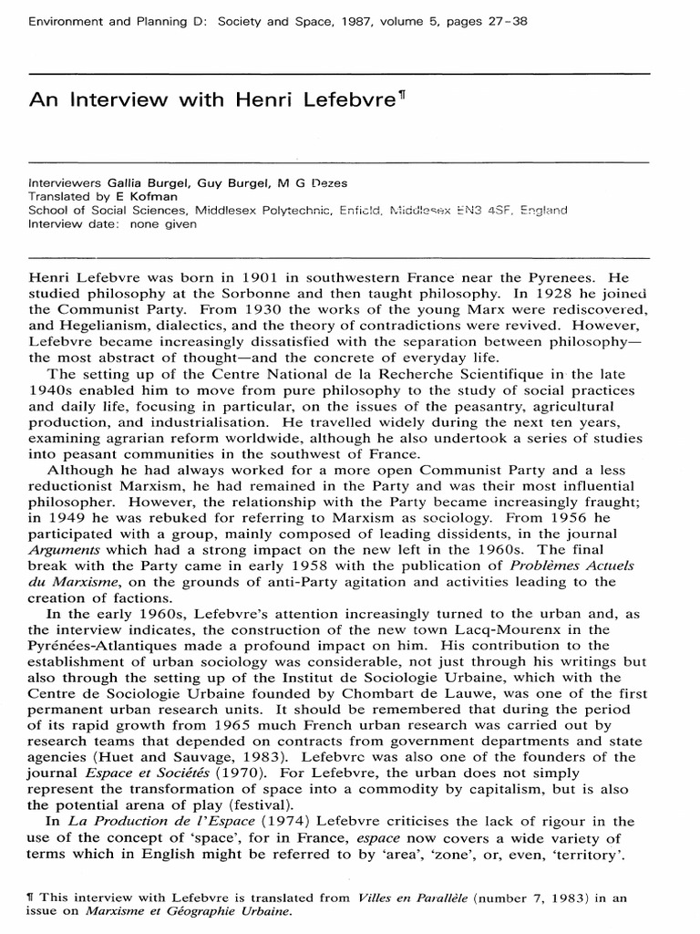 An Interview With Henri Lefebvre | PDF | Marxism | Space