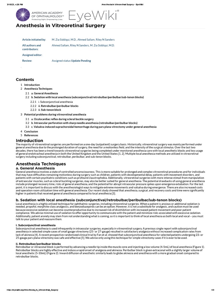 Anesthesia in Vitreoretinal Surgery - American Academy of Ophthalmology ...
