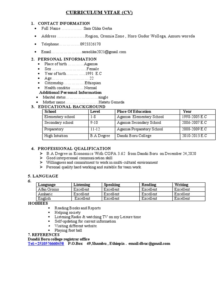 Curriculum Vitae (CV) : Full Name .. Address .Region, Oromia Zone, Horo Gudur Wollega, Amuru ...