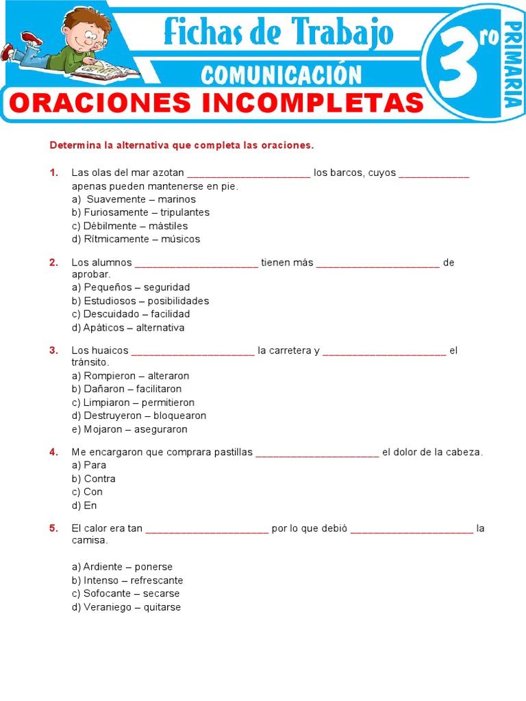 Oraciones Incompletas para Tercer Grado de Primaria | PDF