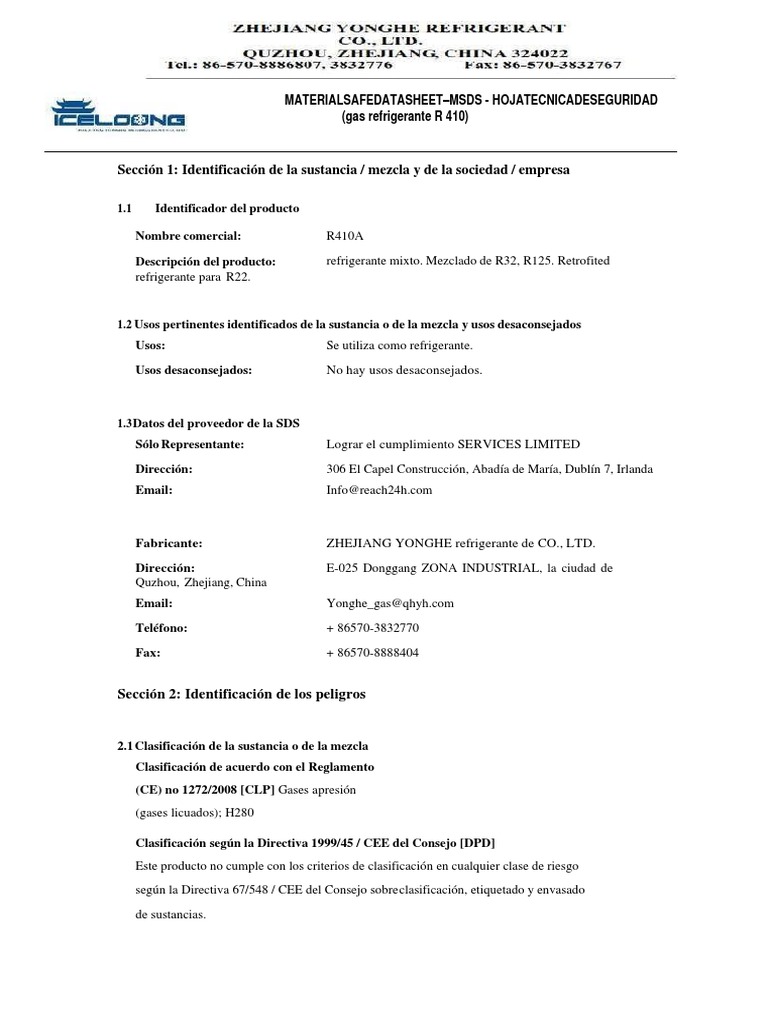 Hoja MSDS - R410a | PDF | Agua | Ventilación (Arquitectura)