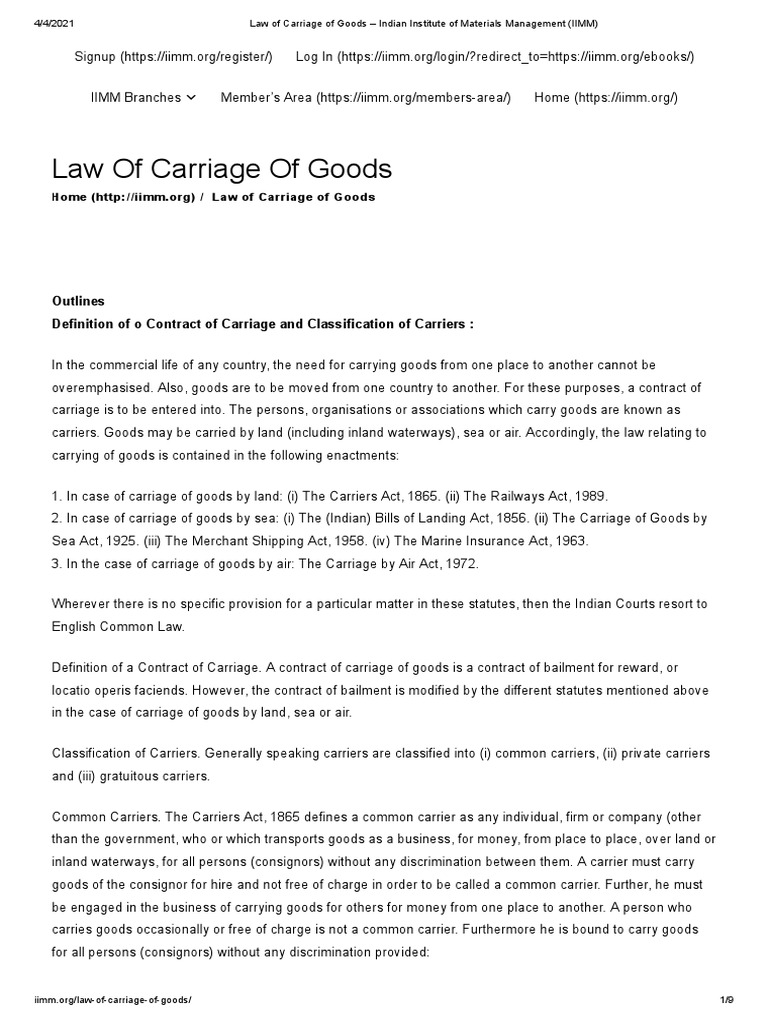 Law of Carriage of Goods | PDF | Bill Of Lading | Common Law