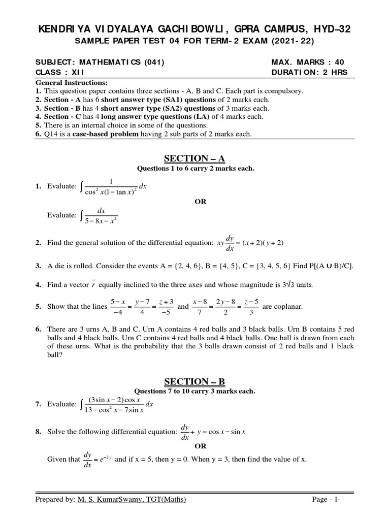 Maths Class Xii Sample Paper Test 04 of Term 2 Exam 2021 22 | PDF ...