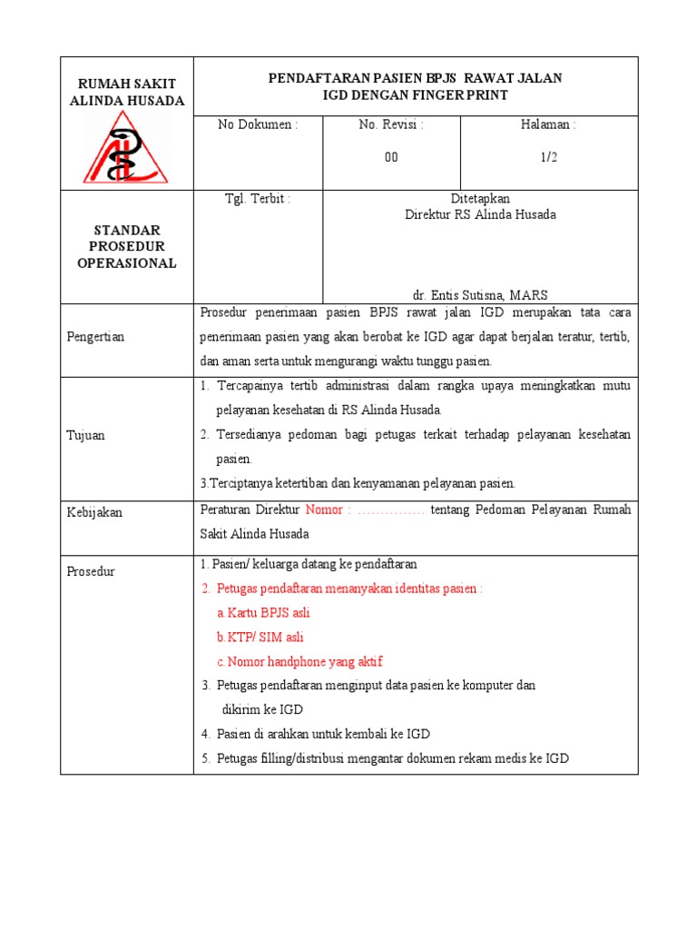 SPO PASIEN PENDAFTARAN RAJAL UGD Pasien BPJS FINGER | PDF