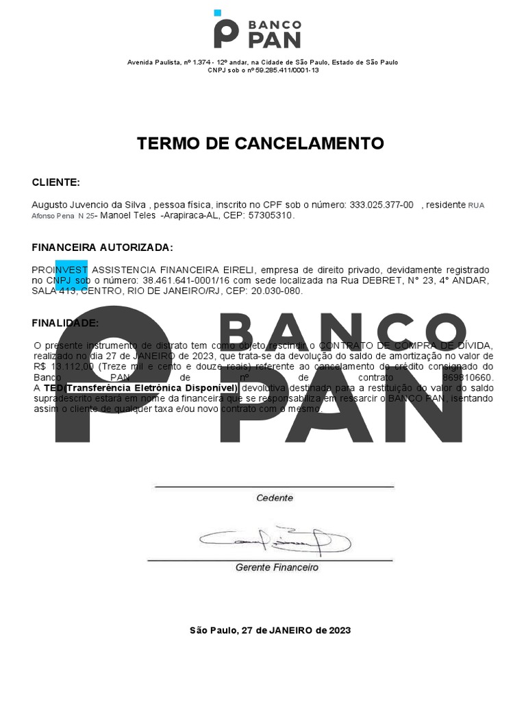 TERMO DE CANCELAMENTO - BANCO PAN Augusto Juvencio Da Silva | PDF