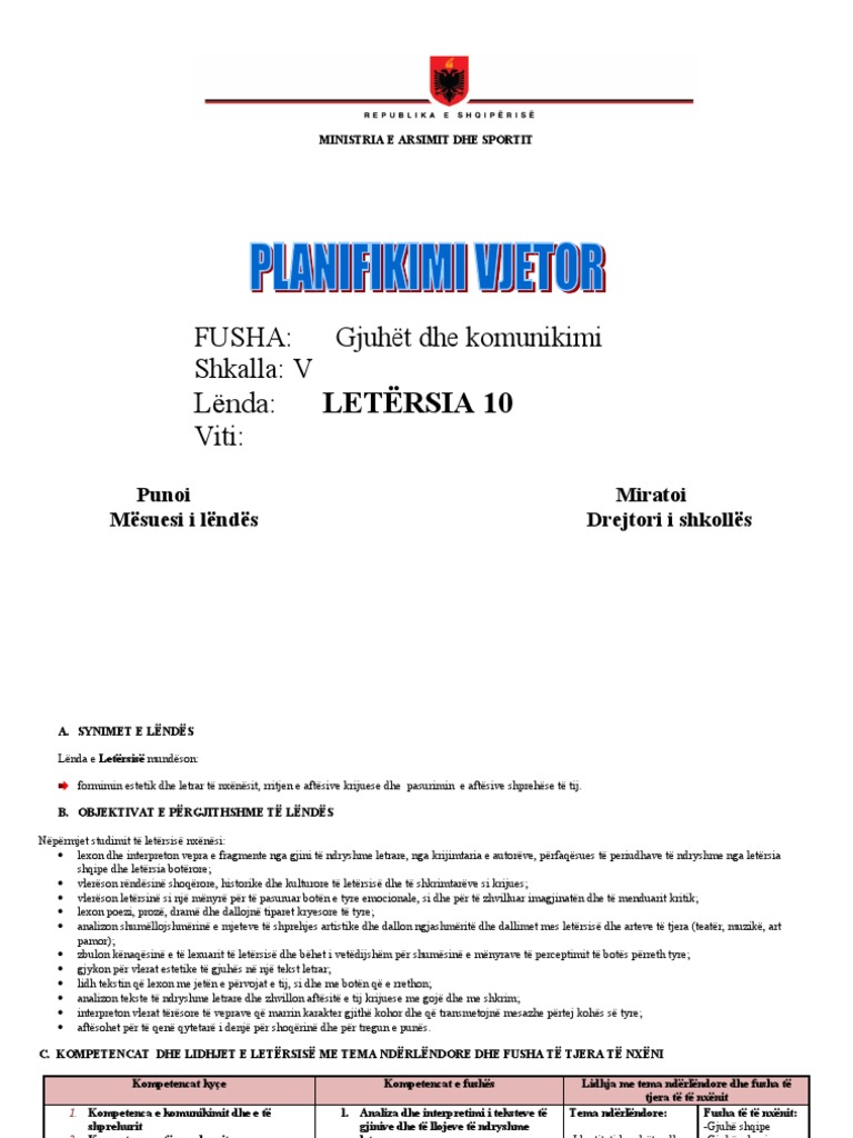 Planifikim Vjetor Letërsia 10 | PDF