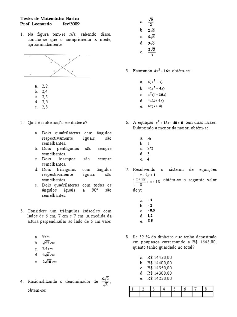 Testes de Matematica Basica | PDF | Triângulo | Matemática