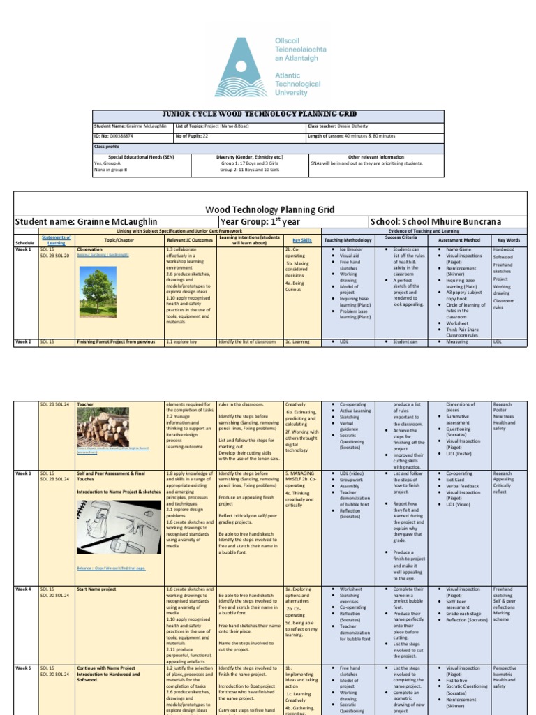 Planning Grid Junior Cert 1st Year Wood Technology | PDF | Cognition ...