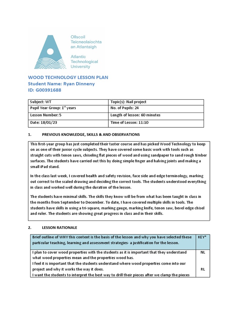 lesson plan 5 wood technology | PDF | Learning | Teachers