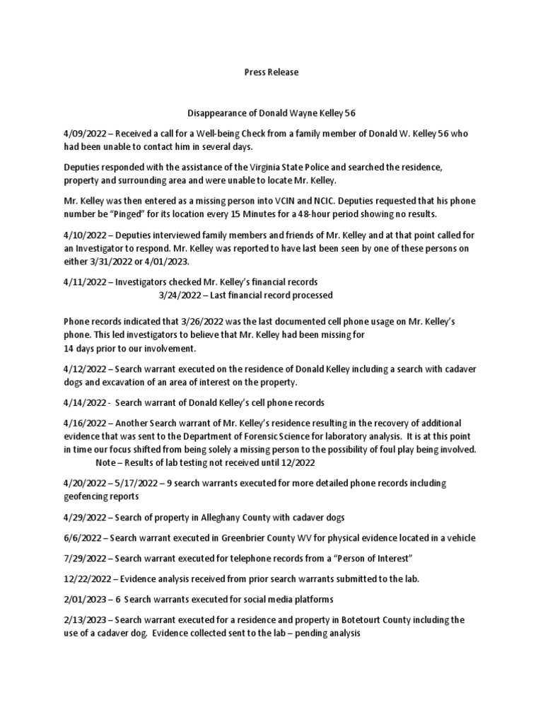 Disappearance of Donald Wayne Kelley 56 | PDF | Search Warrant | Police