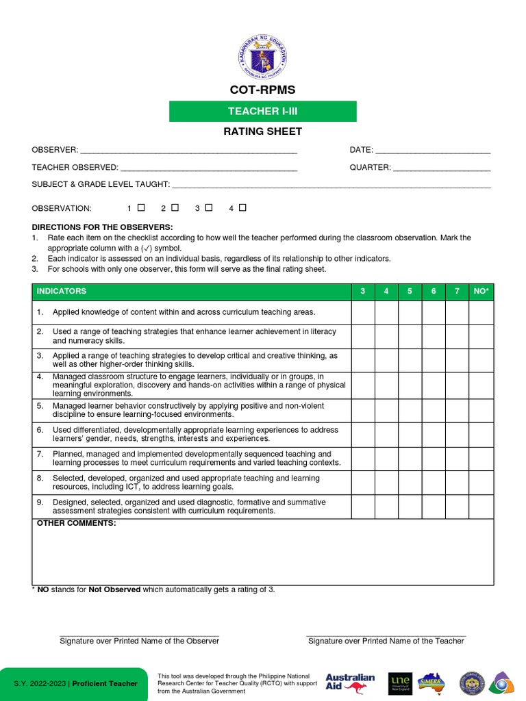(Appendix C-02) COT-RPMS Rating Sheet For T I-III For SY 2022-2023 PDF | PDF | Learning | Curriculum