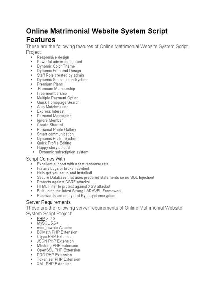 Online Matrimonial Website System Script Features | PDF | Php | Computing