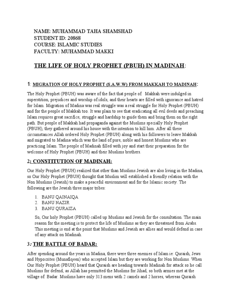 (Assignment) The Life of Holy Prophet at Madina | PDF | Medina ...