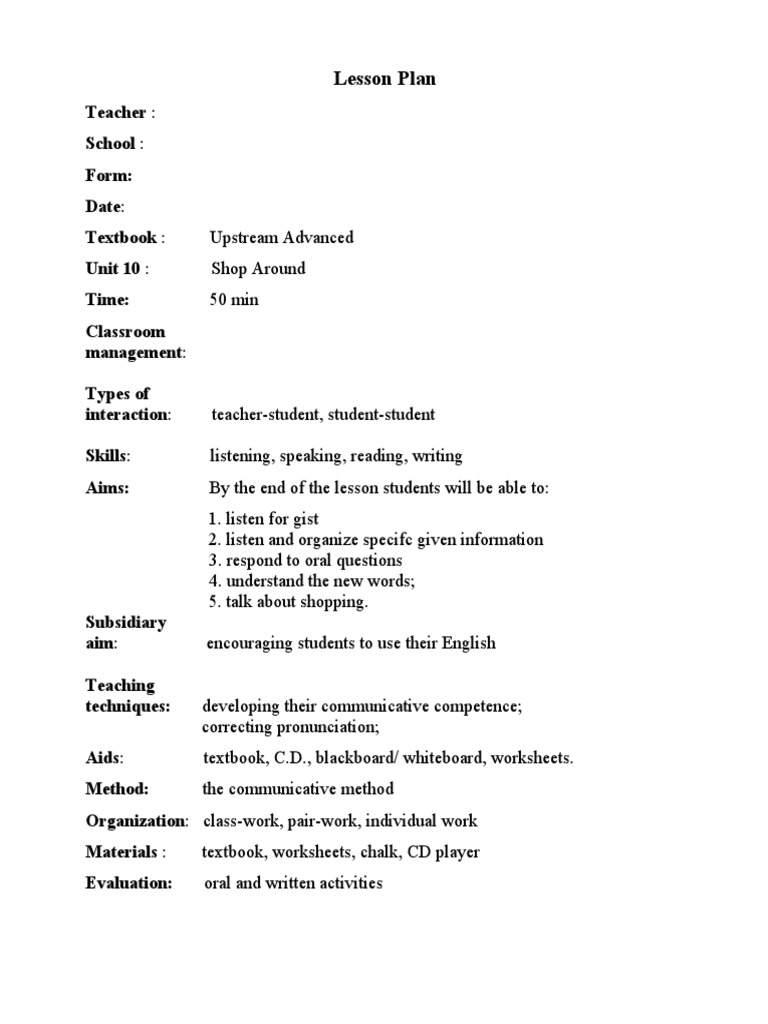 Upstream Advanced Lesson Plan | PDF | Lesson Plan | Teachers