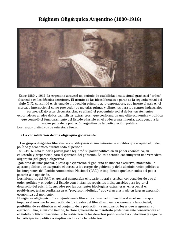 Régimen Oligárquico Argentino (1880-1916) | PDF | Votación | Argentina Régimen Oligárquico Argentino (1880-1916) | PDF | Votación | Argentina