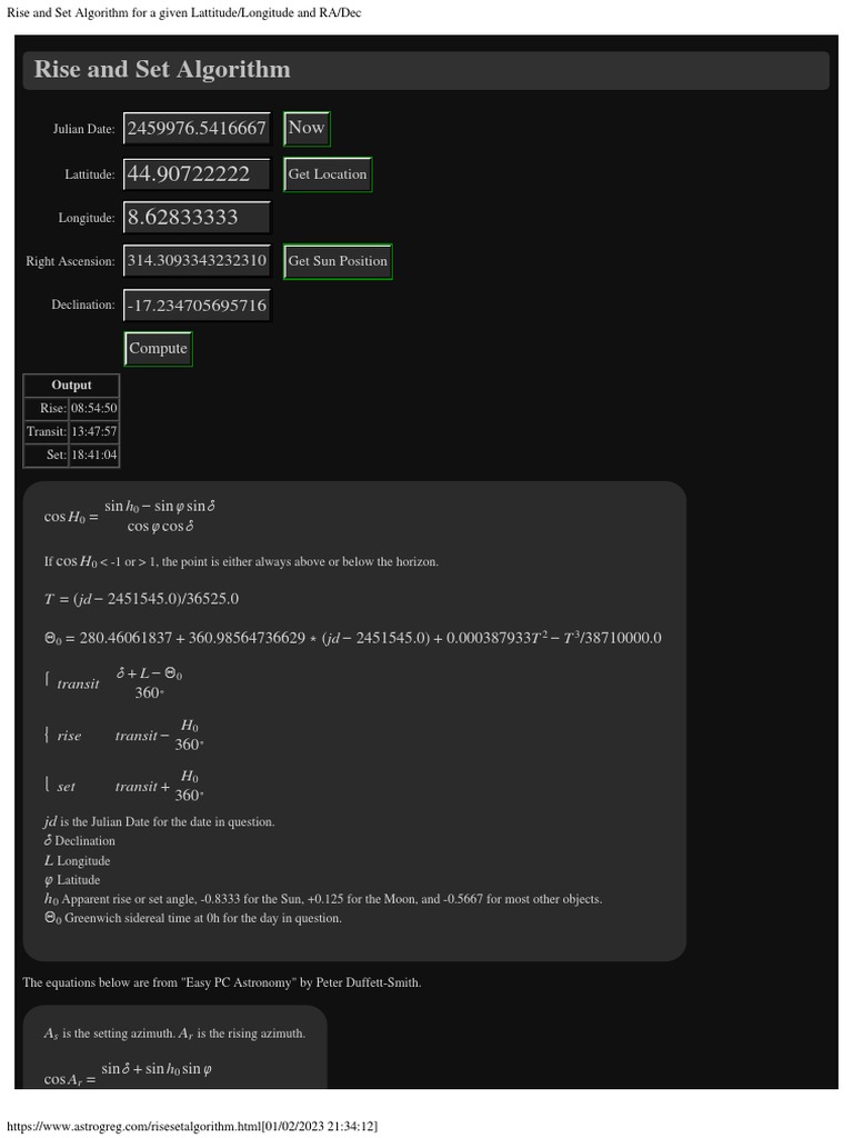 Rise and Set Algorithm For A Given LattitudeLongitude and RADec | PDF ...