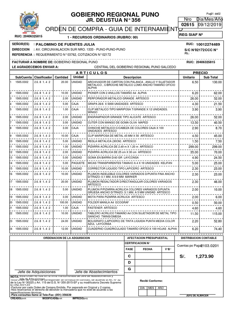 Gobierno Regional Puno: Orden de Compra - Guia de Internamiento | PDF
