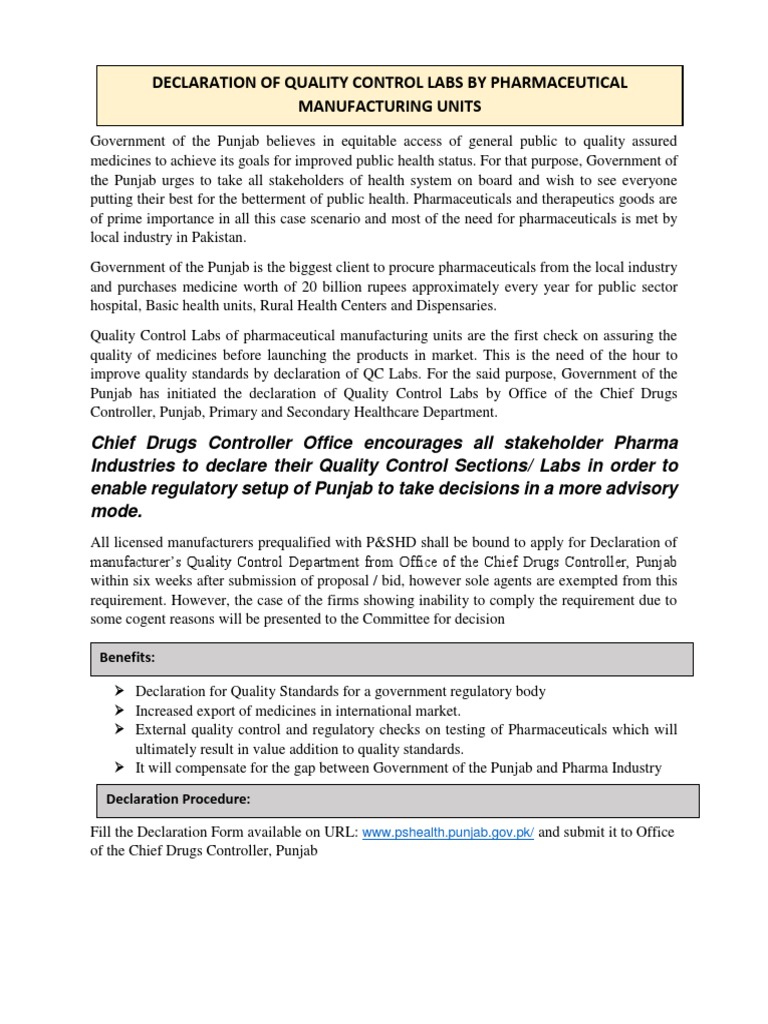 Declaration of Quality Control Labs by Pharmaceutical Manufacturing ...