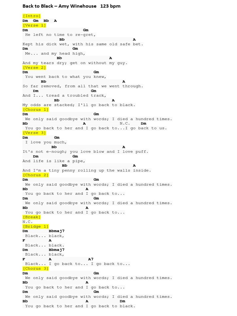 Back to Black Chords & Lyrics Guide | PDF