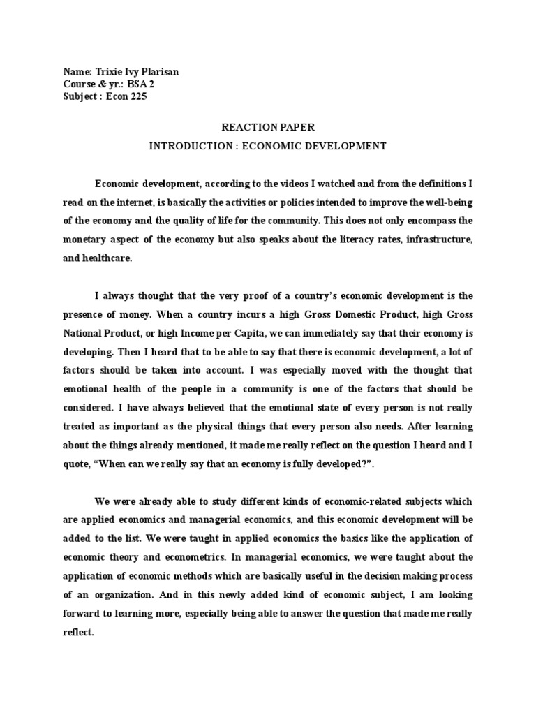 Reaction Paper - Introduction - Economic Development | PDF | Social Science
