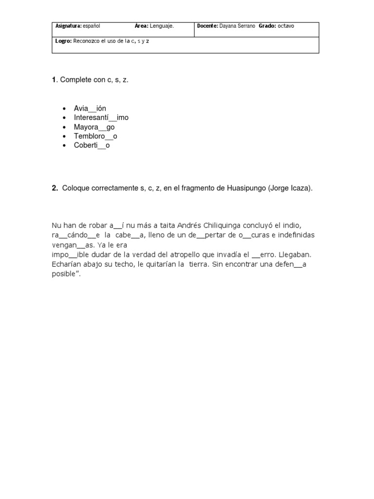 TALLER USO DE LA C, S y Z PDF | PDF