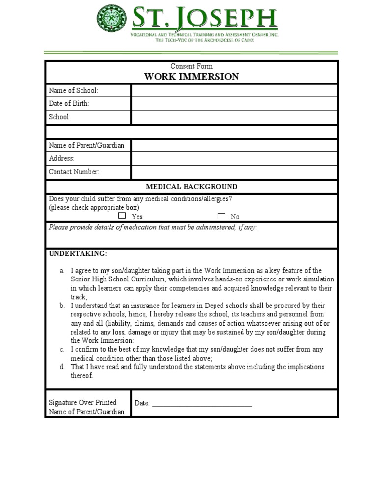 Consent Form For Immersion | PDF