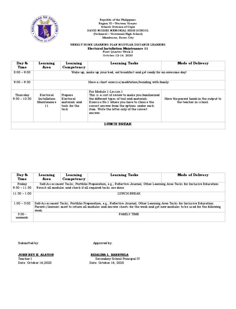 Weekly Learning Home Plan | PDF | Cognition | Learning