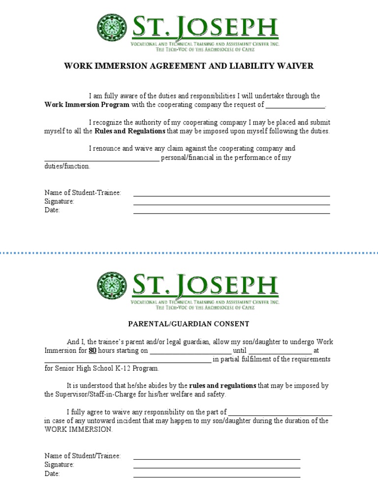 Work Immersion Agreement and Liability Waiver Consent | PDF