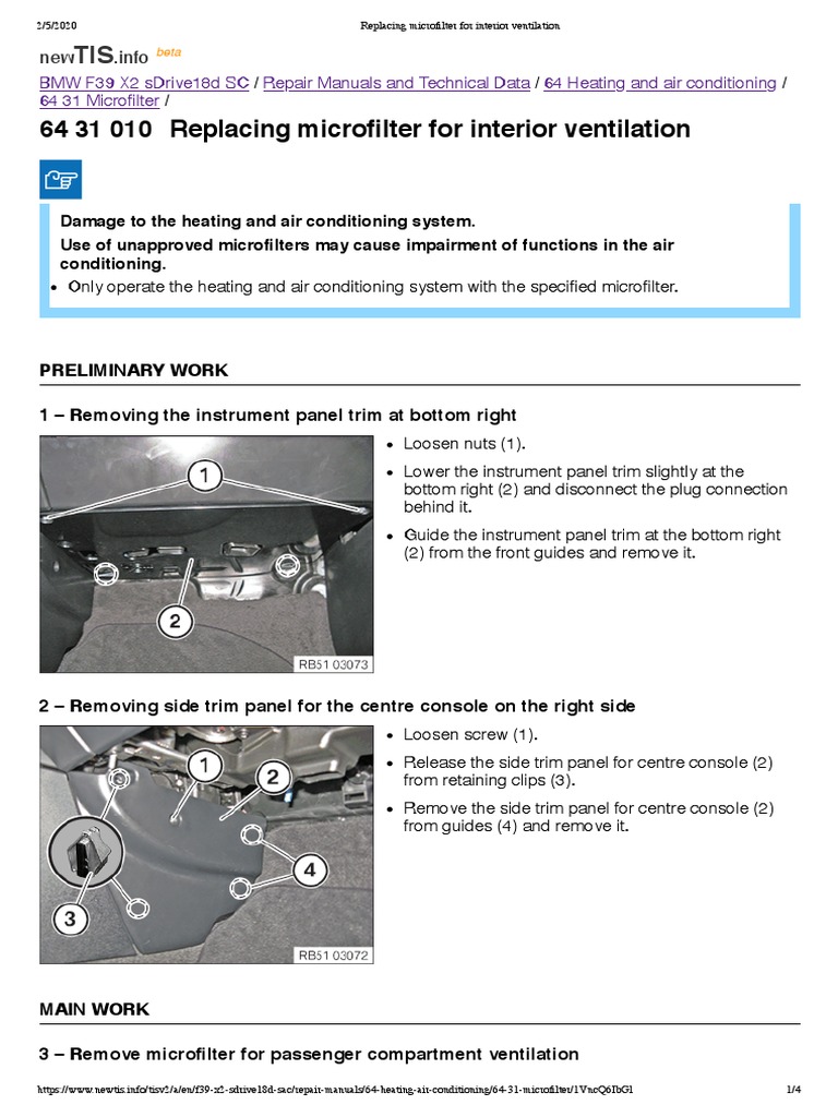 Replace BMW F39 X2 Microfilter Guide | PDF | Vehicles | Car