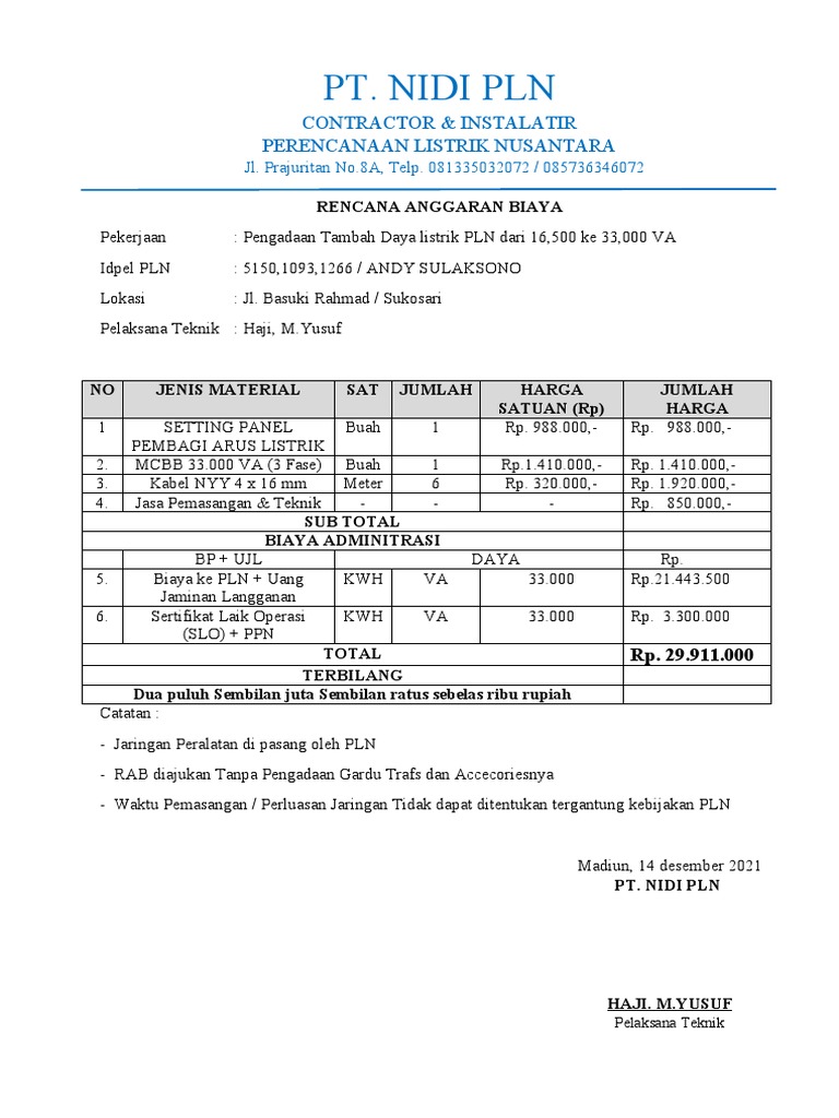 RAB TAMBAH DAYA PLN | PDF
