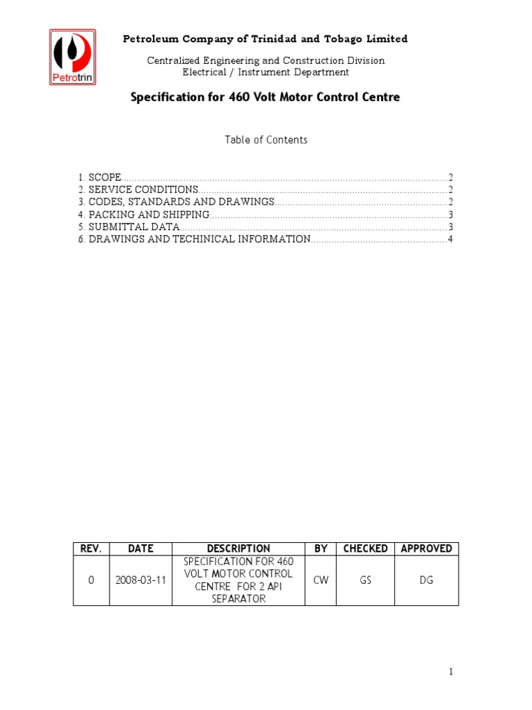 Specification For 460 Volt MCC | PDF | Specification (Technical Standard) | Electricity