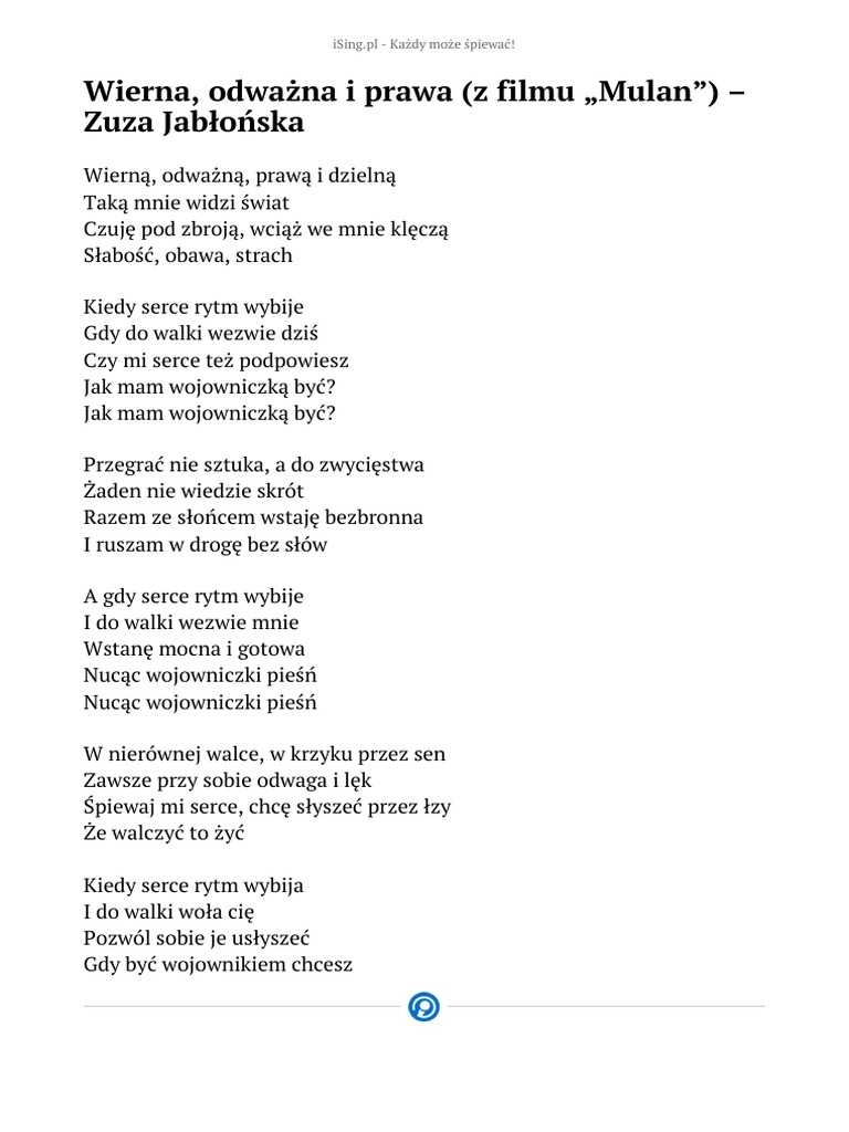 Tekst Zuza Jablonska Wierna Odwazna I Prawa Z Filmu Mulan | PDF