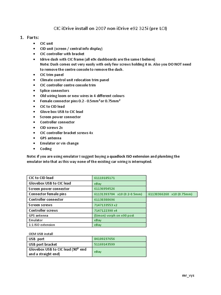 Non Idrive To Cic Retrofit Vlad's E92 (MR - Vys) | PDF | Electrical Connector | Components