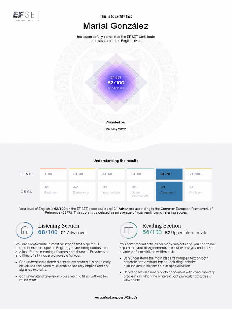 EF SET Certificate: Maríal González C1 | PDF