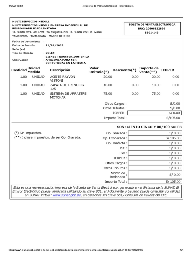 Boleta de Venta Electronica - Impresion | PDF