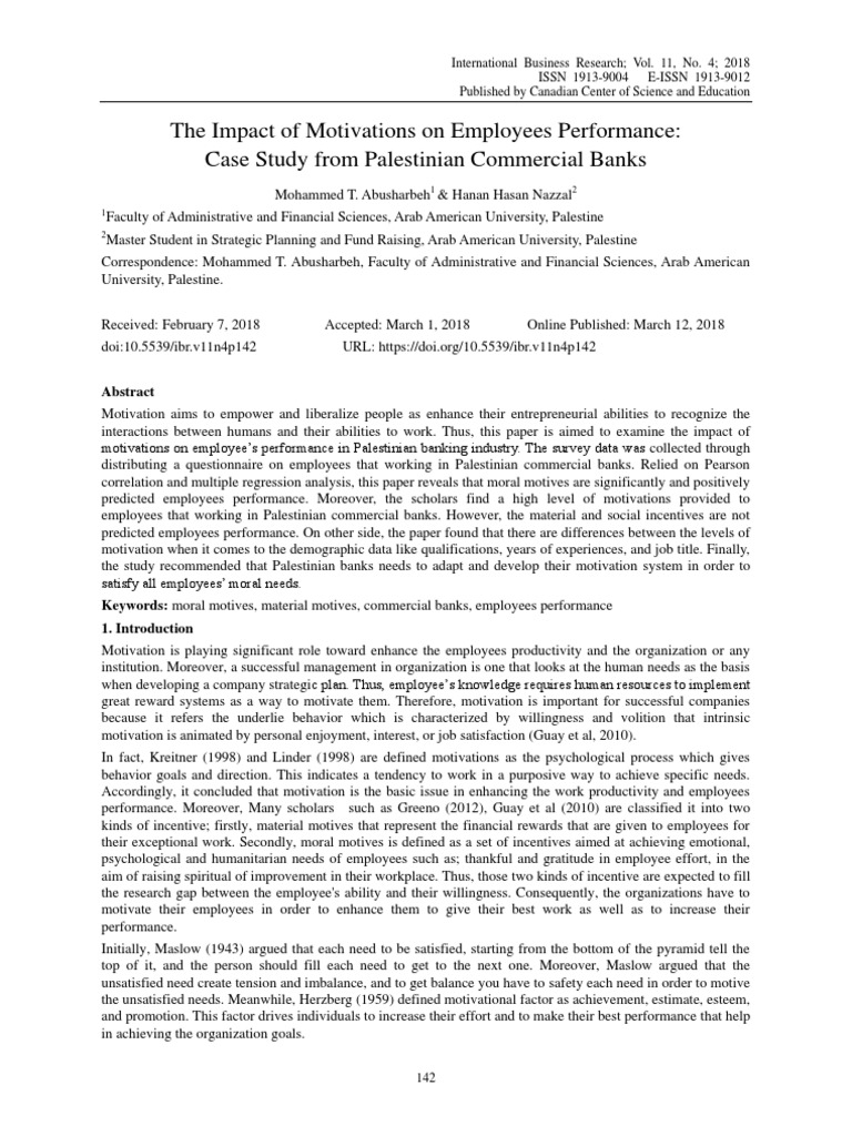 The Impact of Motivations On Employees Performance Case Study From Palestinian Commercial Banks ...