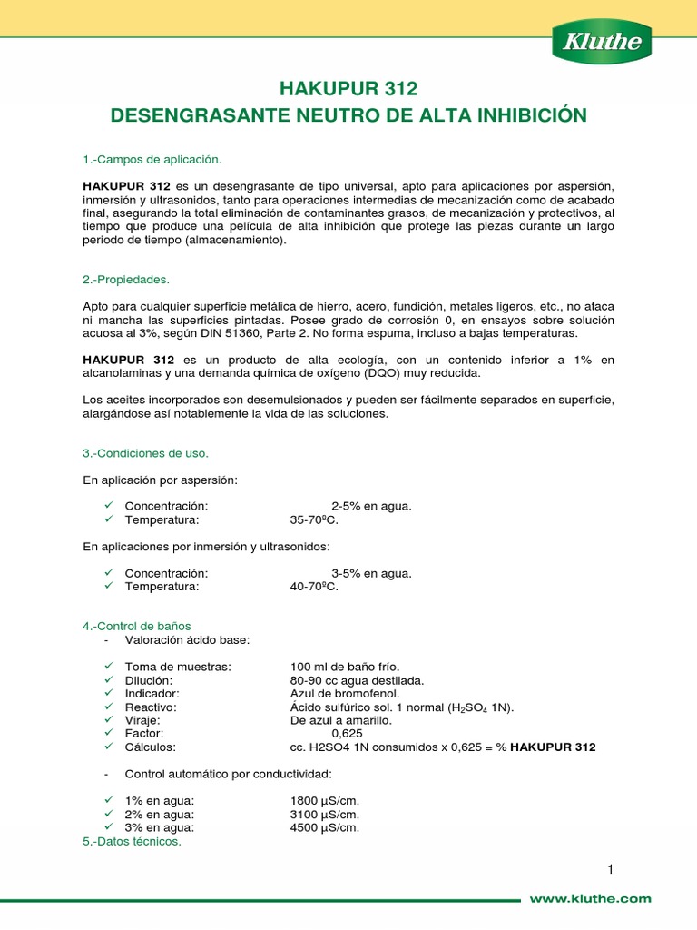 Fitxa Tecnica Kluthe Hakupur 312 | PDF | Agua | Ácido sulfúrico