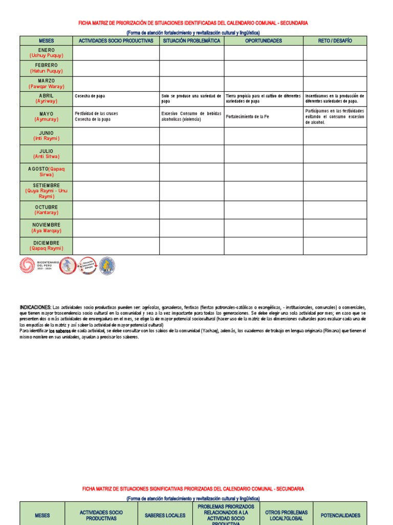 1.3. - Matriz Situaciones Identificadas Del Calendario Comunal - ESQUEMA - SEC - Ejemplo | PDF ...