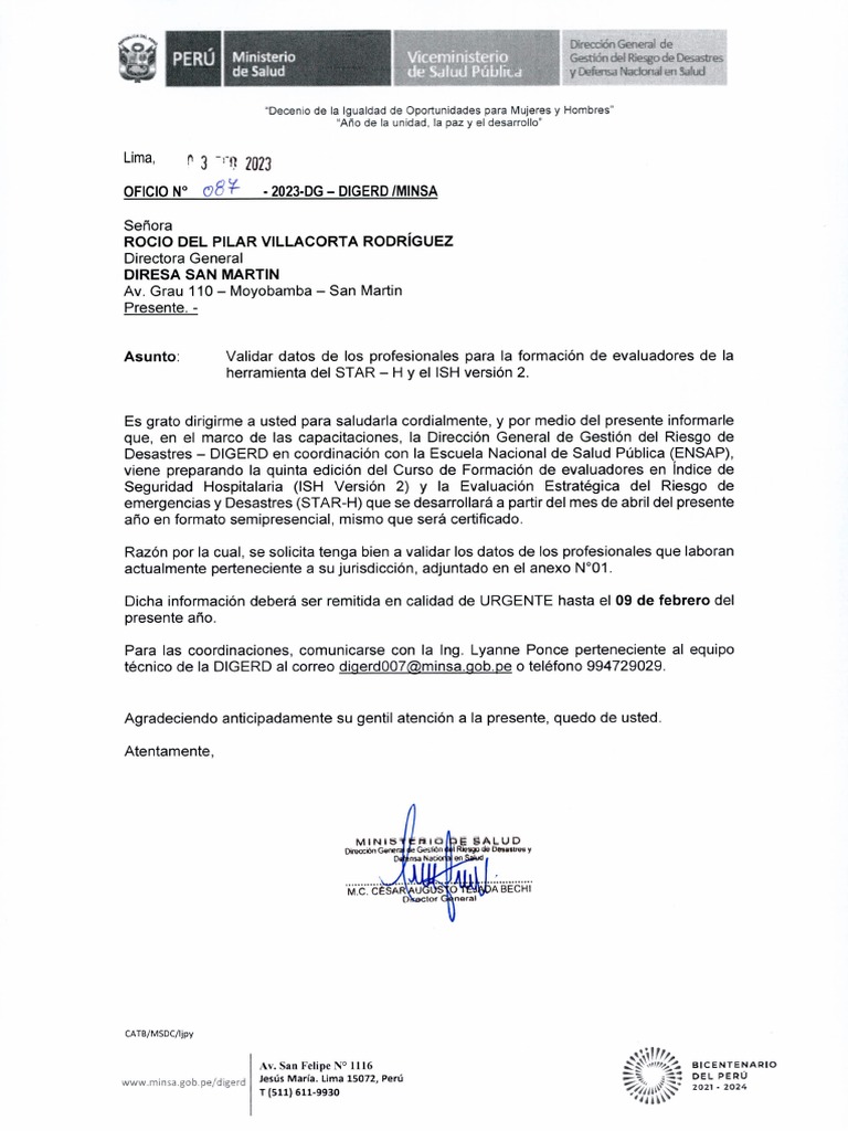 Oficio 087-2023-Diresa San Martin - Validar Datos de Los Profesionales | PDF