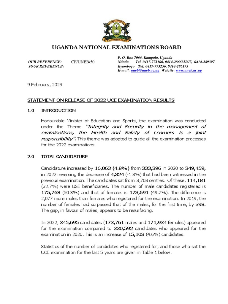 2022 UCE Examination Results Overview | PDF | Science | Knowledge