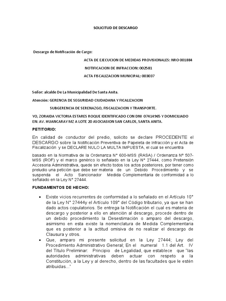 Solicitud de Descargo | PDF