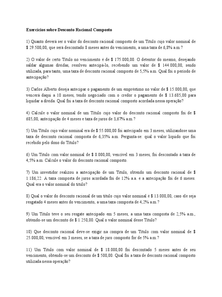 Exercícios Sobre Desconto Racional Composto | PDF | Desconto | Factoring (fomento mercantil ou ...