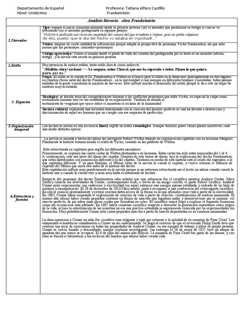 Análisis de Frankenstein | PDF | Frankenstein | Mary Shelley