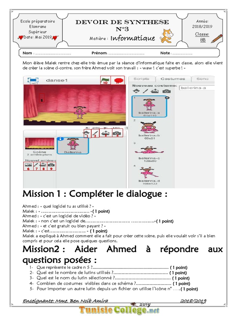 Devoir de Synthèse N°3 Collège Pilote 2ème Semestre - Informatique - 8ème (2018-2019) Mme Ben ...