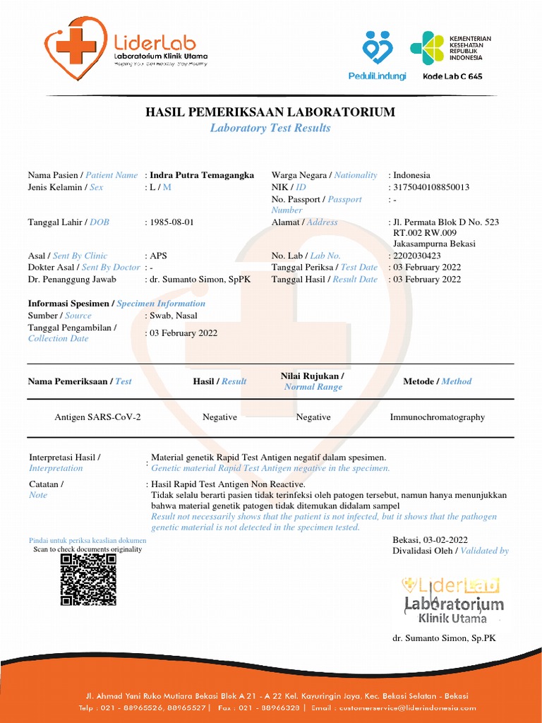 Hasil Rapid Test Antigen Negatif Indra | PDF
